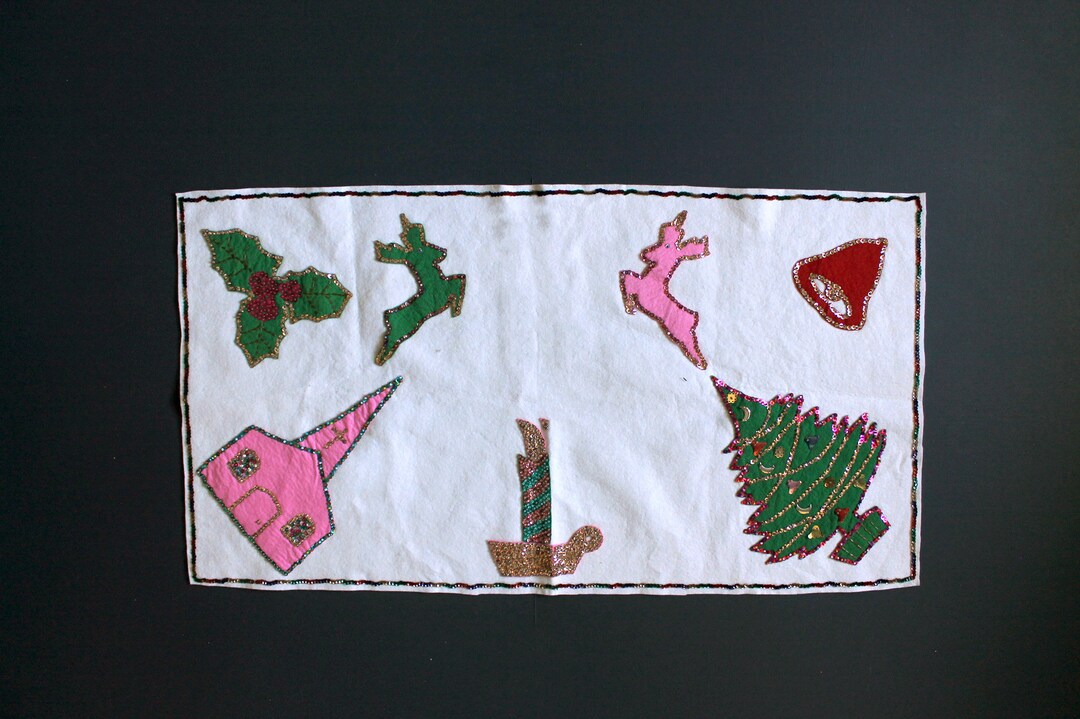 Vintage Christmas Table Runner Felt With Hand Stitched Christmas Tree ...