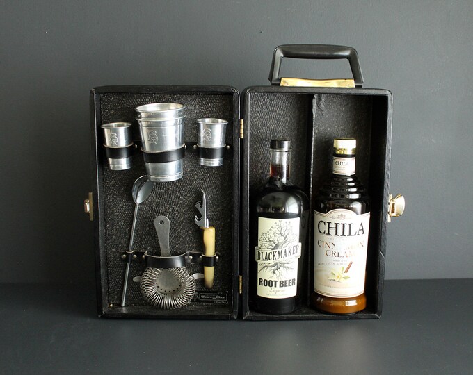 Vintage Travel Bar Mid Century Black Faux Leather Liquor Case Cocktail ...