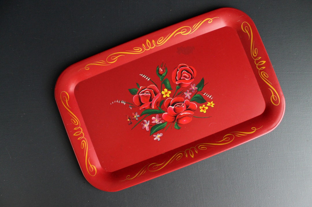 Vintage Metal Serving Tray Red and Gold With Roses and Flowers Mid ...