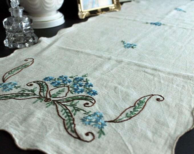 Vintage Hand Embroidered Blue Floral Dresser Scarf Table - Etsy