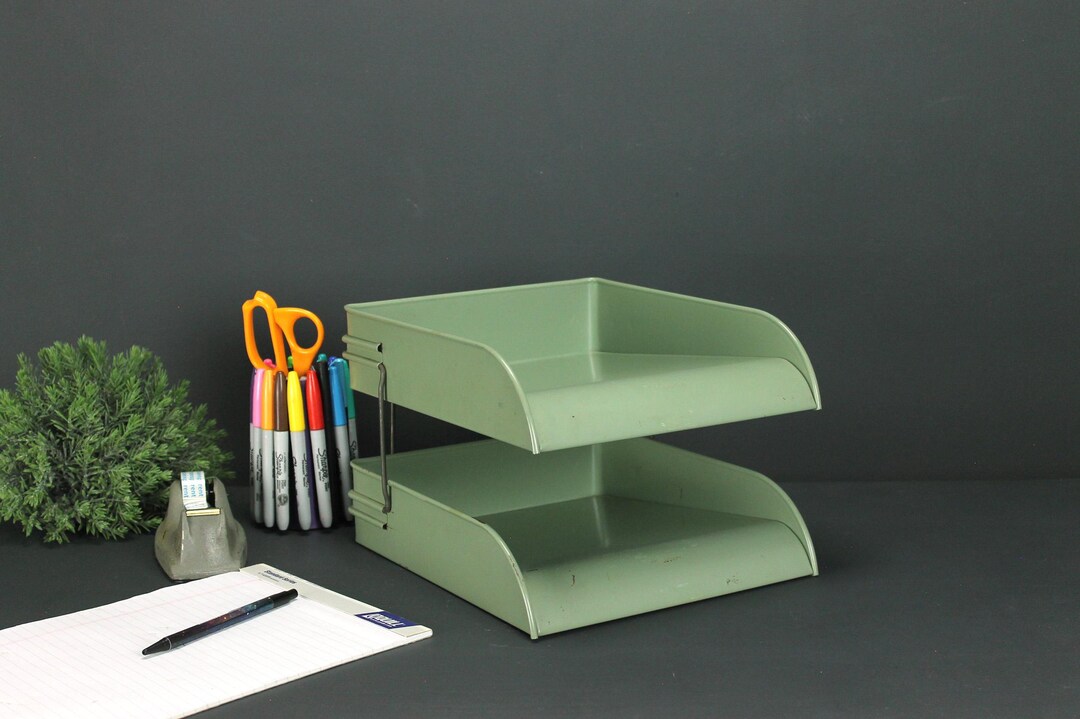 Vintage Metal Paper Tray Two Tier by Globe Wernicke Green Steel ...
