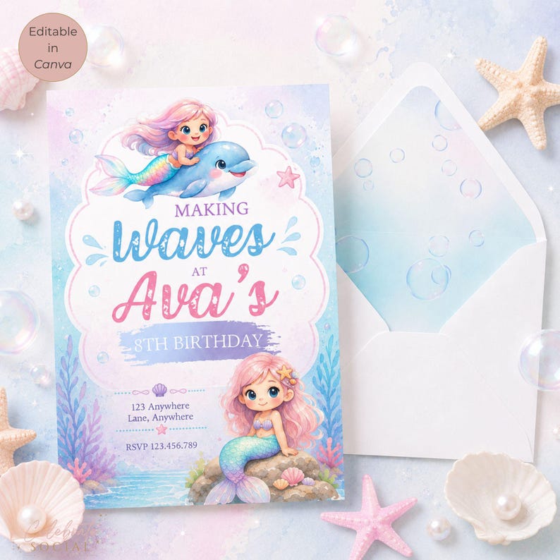 Mermaid Birthday Invitation Template | Editable Canva Under the Sea ...