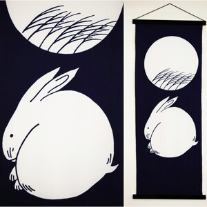 Japanese Bunnys Indigo Blue Fabric Tenugui , Cotton Rabbits Indigo Blue ...