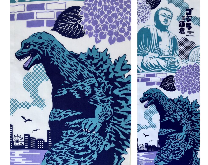 Godzilla in Kamakura Tenugui Fabric, the Great Buddha in the Temple of ...