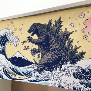 Godzilla Noren Curtain, Japanese Tenugui Handmade Noren, Sakura Fabric ...