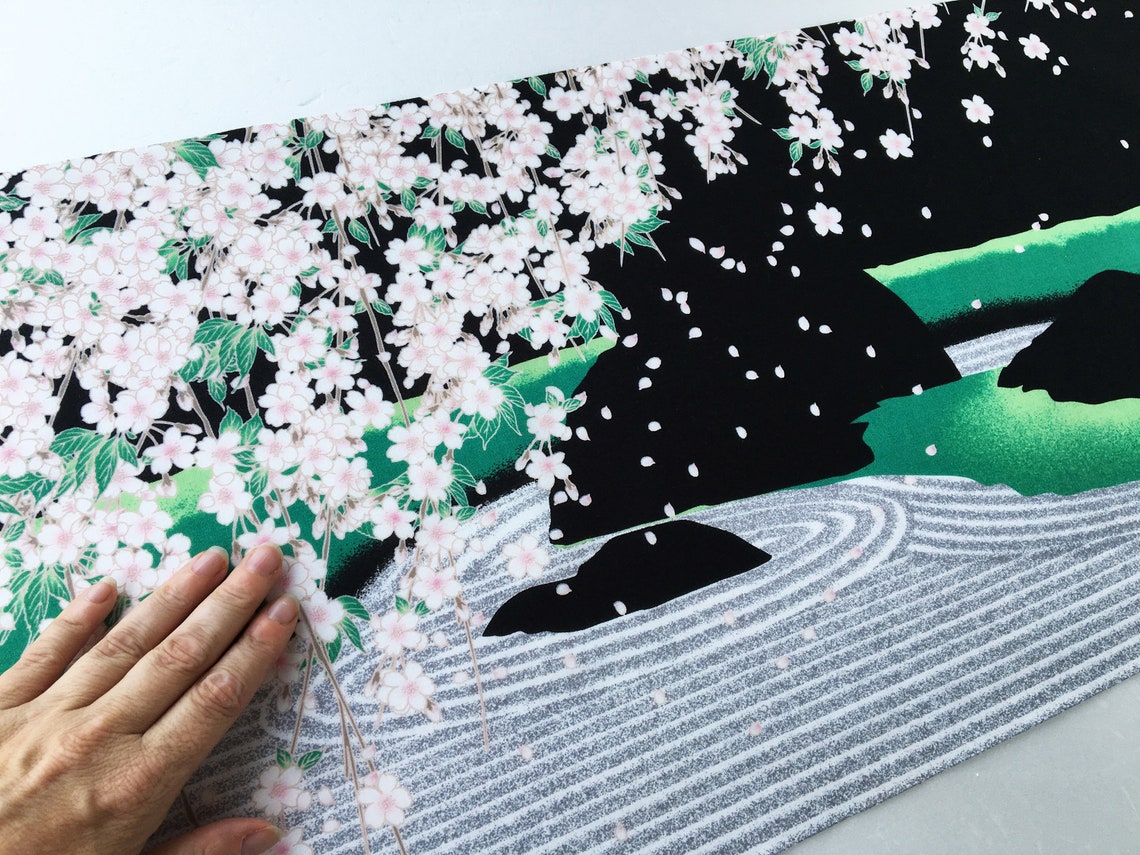 Japanese Zen Garden, Sakura and Stone Garden Fabric, Kyoto Tapestry ...