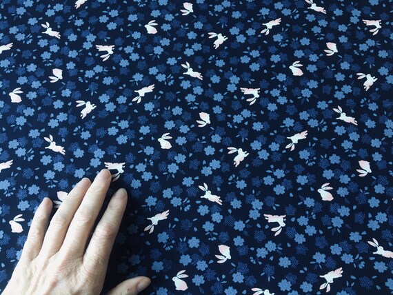 Navy Blue Bunny Japanese Fabric Cotton Rabbit and Sakura - Etsy