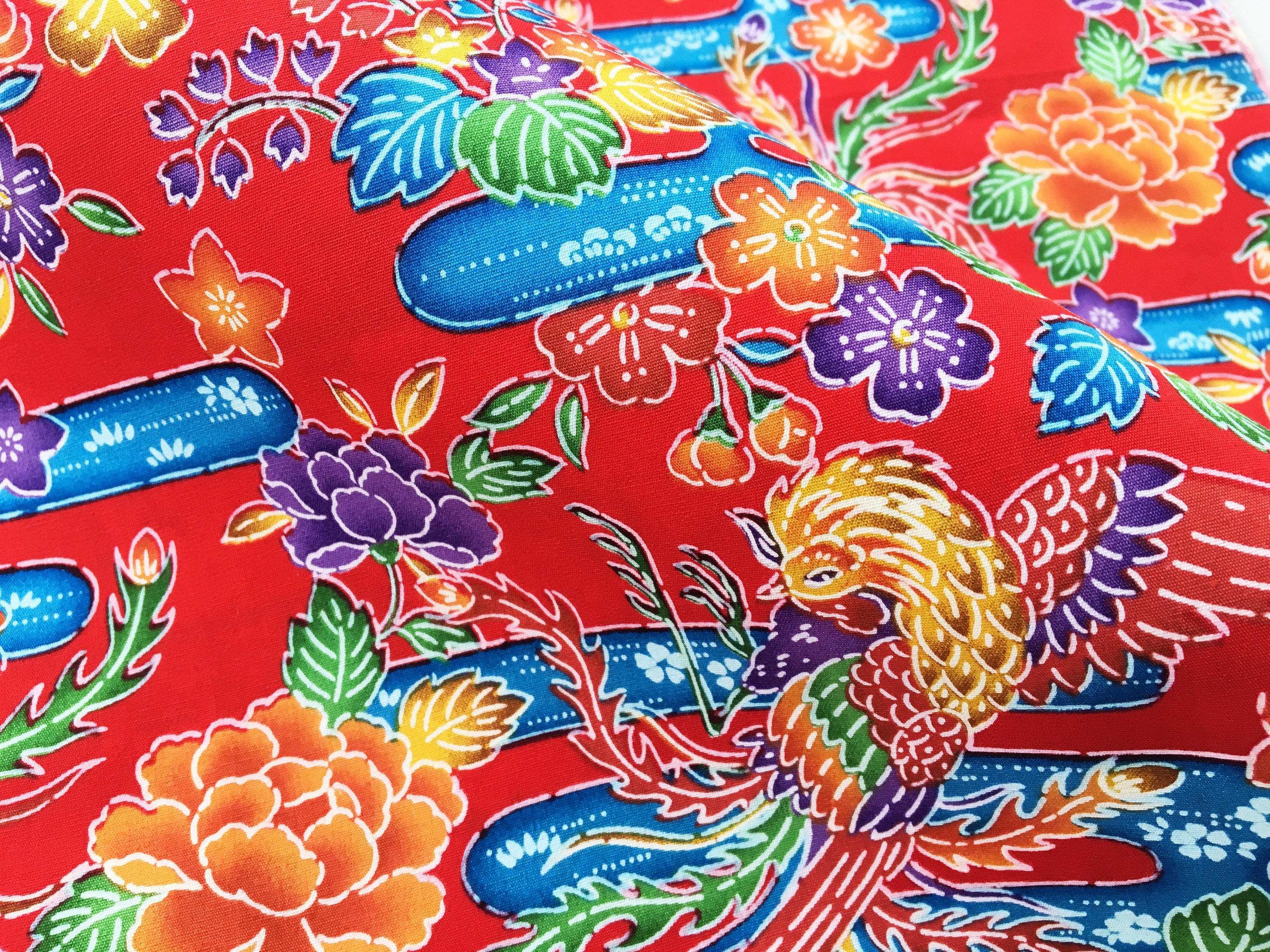 Okinawa fabric art red bingata print fabric Japanese cotton | Etsy