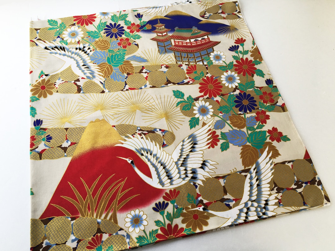 Japanese Crane and Mount Fuji Fabric, Fabric by Yard, Kimono Fabric ...