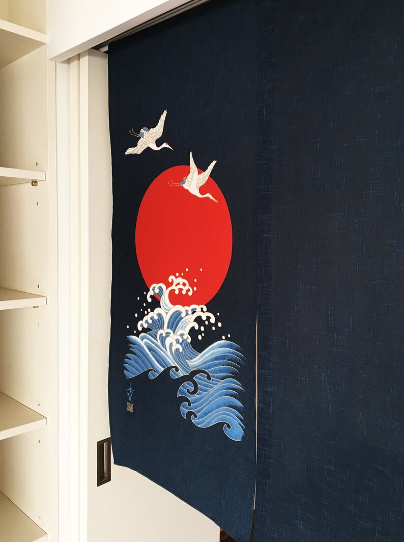 Crane Blue Curtain, Japanese Noren Order Made, Blue Noren Curtain ...