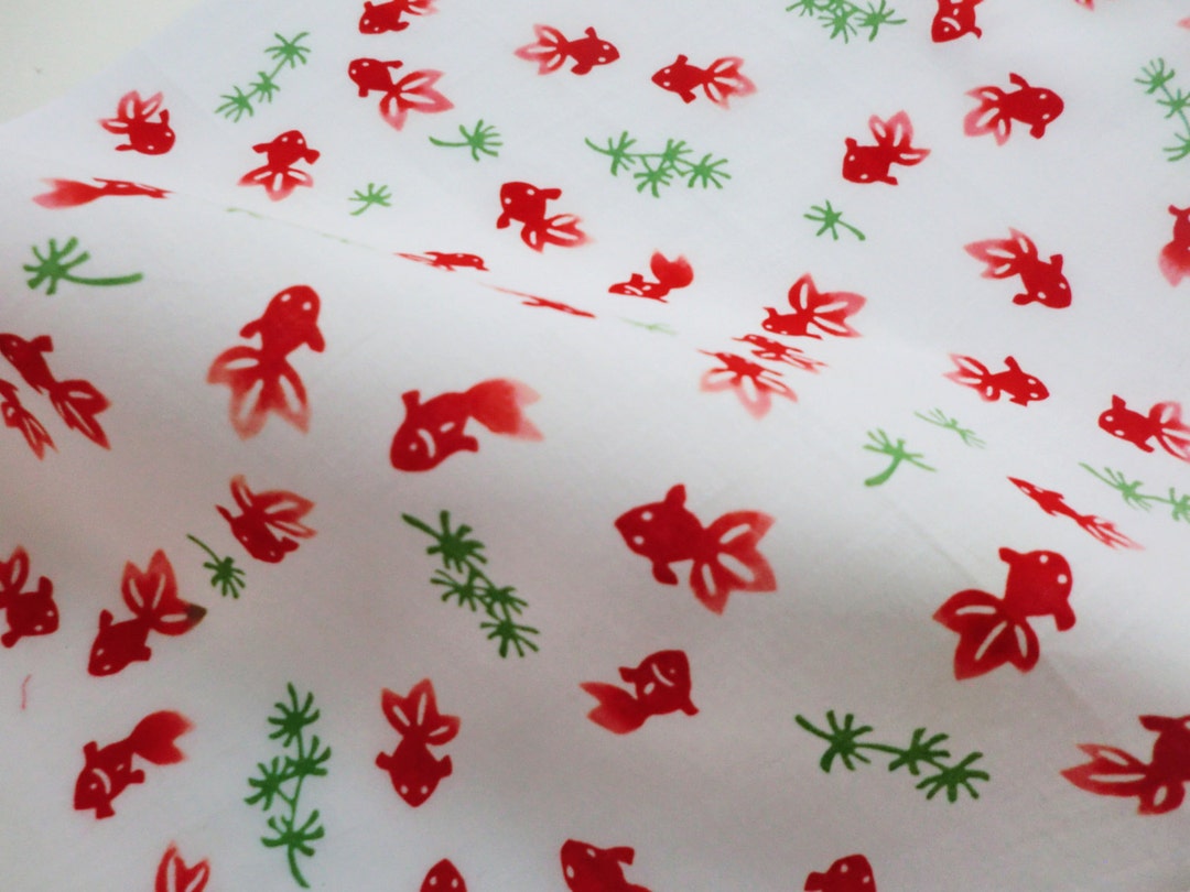 Japanese Tenugui Fabric Whith Red Goldfish, Kawaii Kingyo Fabric ...