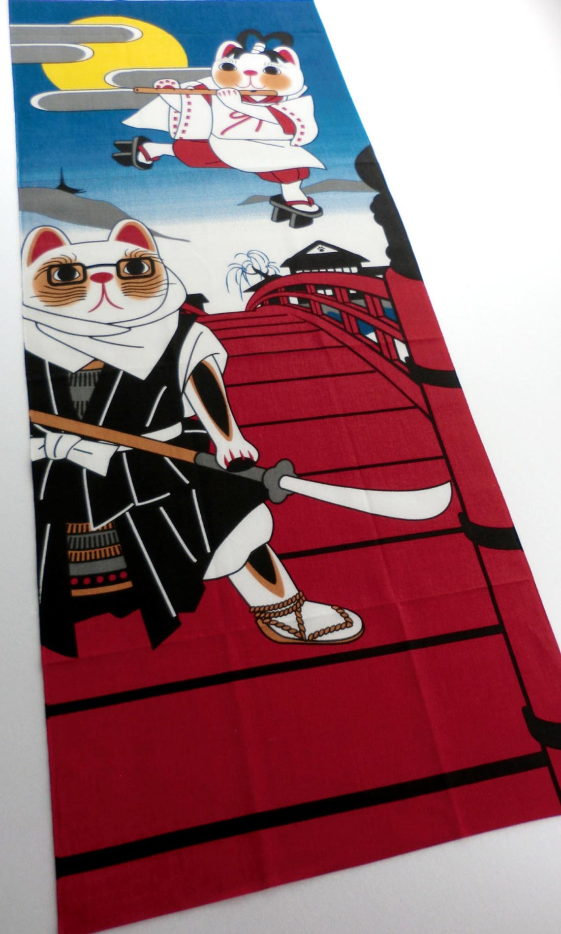 Samurai cats Japan Tenugui Maneki-neko Fortune Cats fabric | Etsy