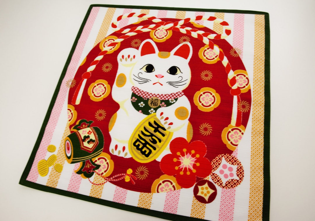 Maneki Neko Cat Cotton Wrapping Cloth,, Japanese Furoshiki Cloth Fabric ...