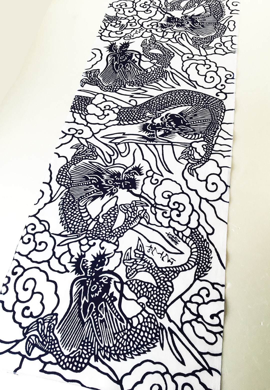 Indigo Blue Dragon Japanese Tenugui, Dragon Fabric, Anime Bandana, Gift ...