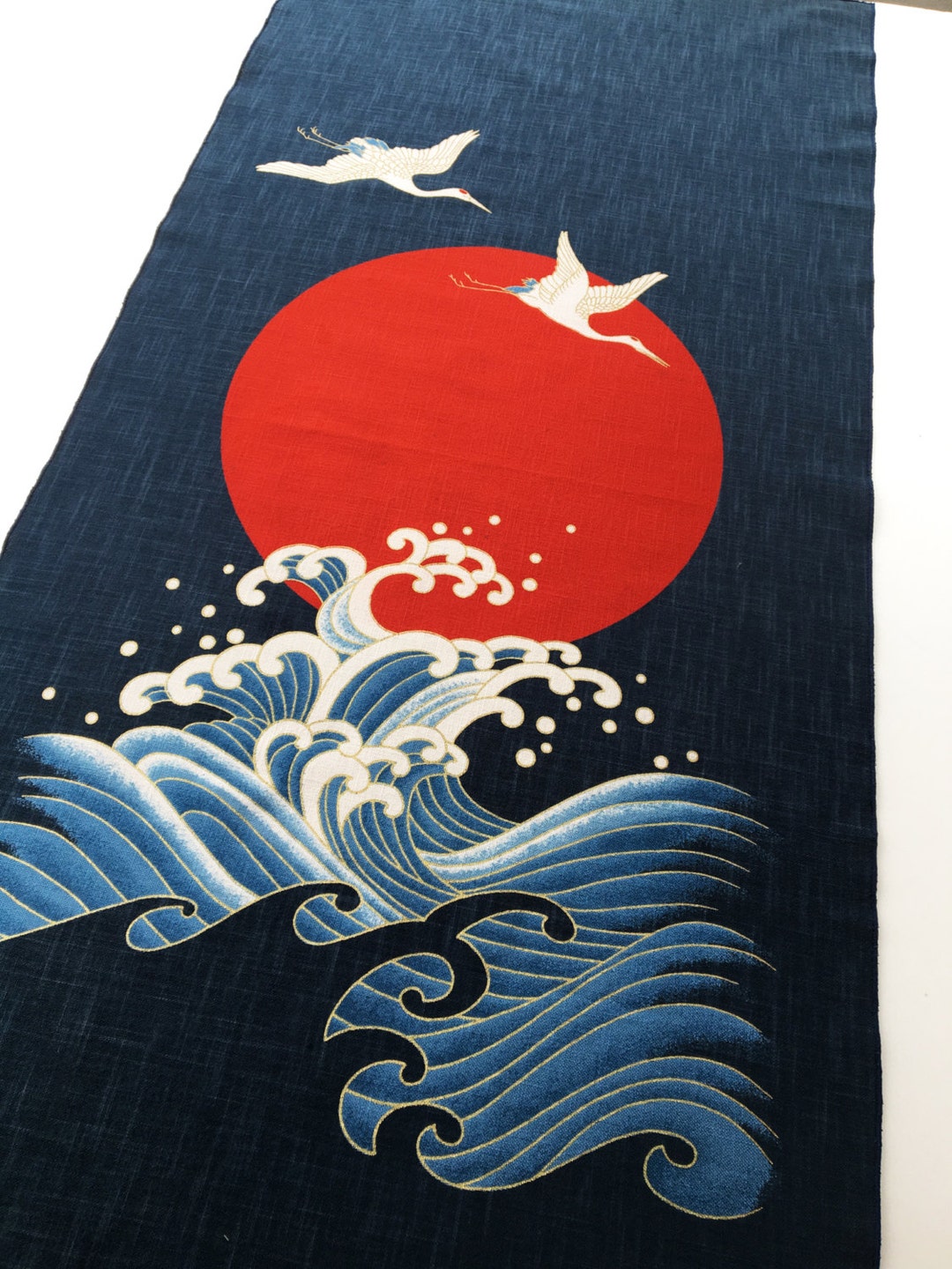 Japanese Sun and Cranes Blue Panel Fabric That Can Be Used as a Wall ...