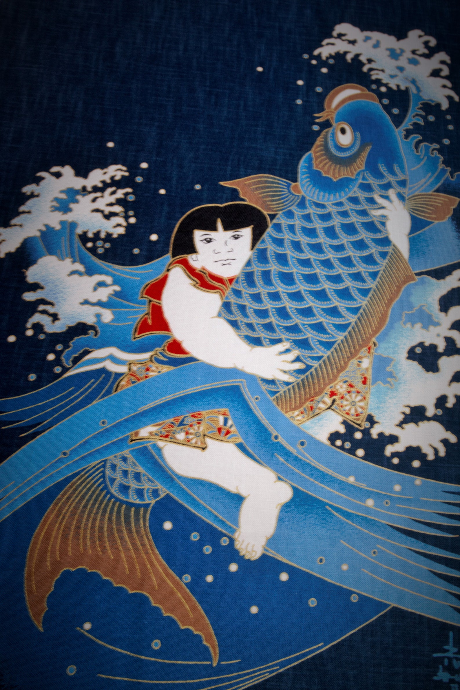 Japanese Noren Panel, Momotaro Carp Fabric, Blue Painel Curtain, Blue ...