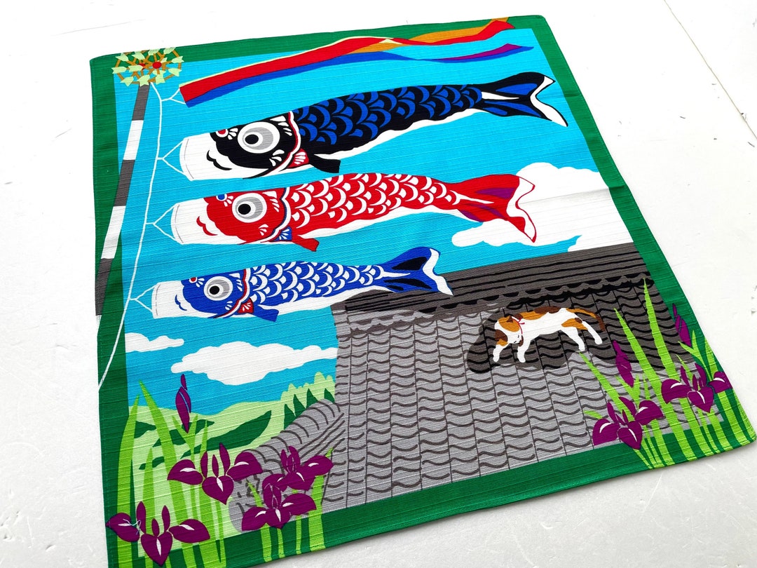 Purple Iris Flower and a Cat Japanese Fabric, Japanese Carps Fabric, Koi No Bori Day Furoshiki ...