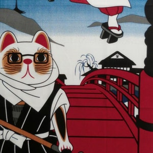 Samurai cats Japan Tenugui Maneki-neko Fortune Cats fabric | Etsy