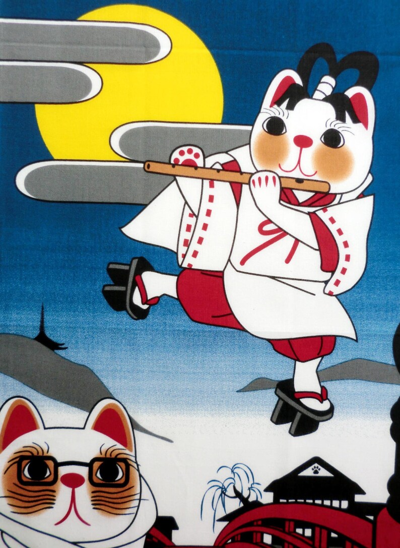 Samurai cats Japan Tenugui Maneki-neko Fortune Cats fabric | Etsy
