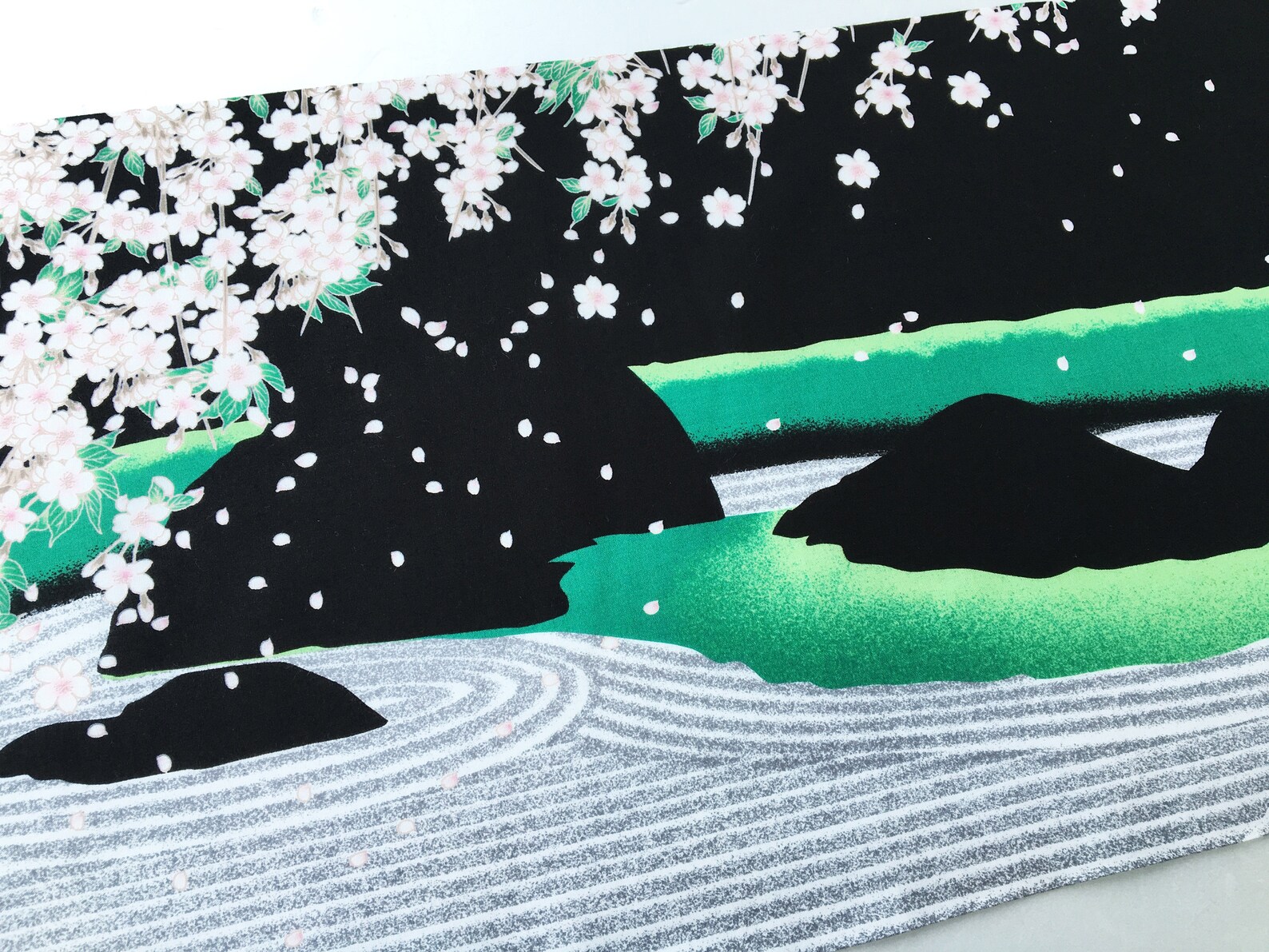 Japanese Zen Garden, Sakura and Stone Garden Fabric, Kyoto Tapestry ...