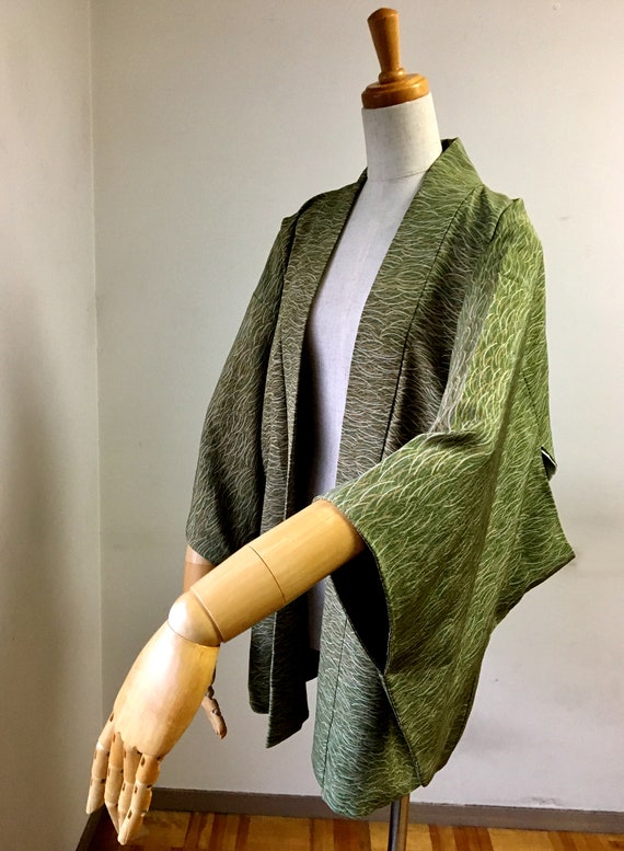 Vintage green haori jacket silk Japanese kimono, silk… - Gem