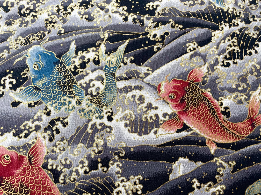 Japanese Carp and Waves Fabric Fat Quarter, Tsunami and Carps Fabric ...