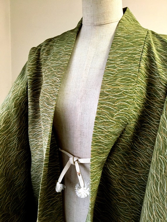 Vintage green haori jacket silk Japanese kimono, silk… - Gem