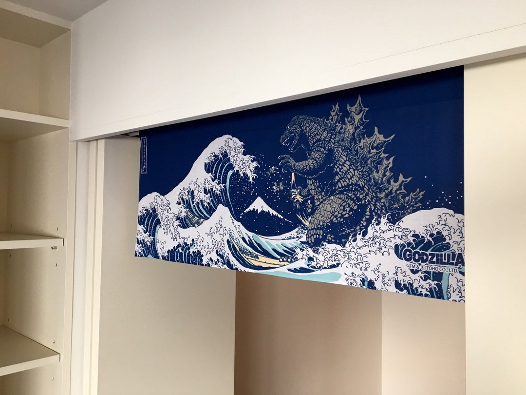 Godzilla Noren Curtain, Japanese Tenugui Valance Curtain, Tsunami ...