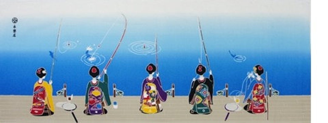 Kyoto Geisha Girl Fishing in a Lake Tenugui Fabric, Geisha Art Japanese ...