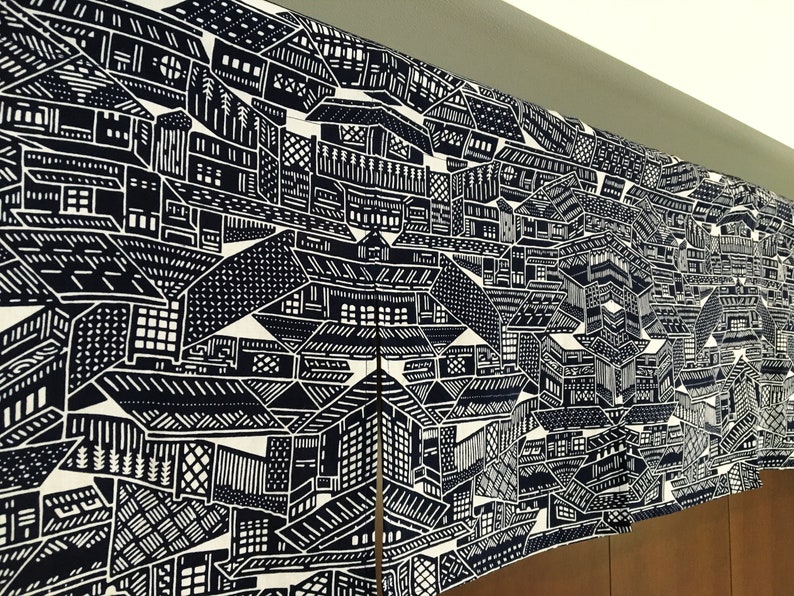 City Sky Line Window Valence, Indigo Blue Noren Curtain, Japanese Noren ...