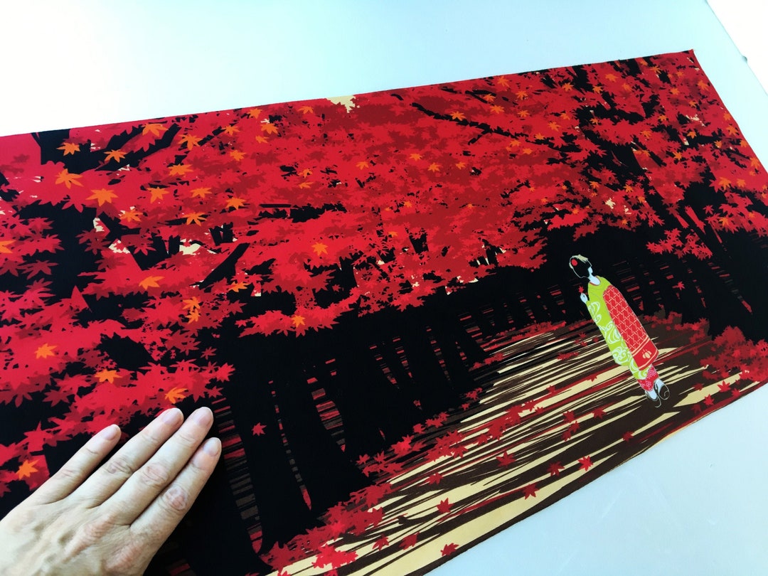 Geisha Fabric, Japanese Red Momiji Tenugui Cotton Fabric, Girl Kimono ...