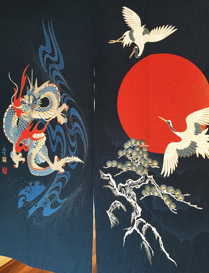 Japanese Noren Curtain Order Made Big Blue Noren Crane | Etsy UK