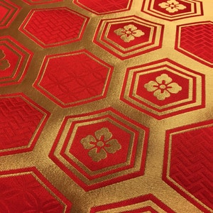 Japanese Golden and Red Brocade Fabric, Kimono Obi Fabric, Japanese ...