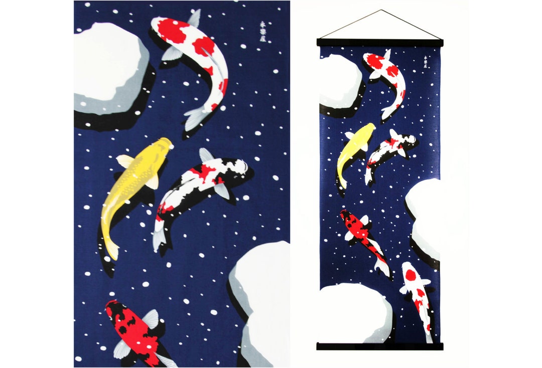 Indigo Blue Carps Fabric, Japanese Carp Tenugui Cotton Fabric, Kawaii ...