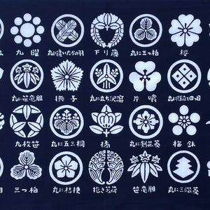 Japanese Crest Tenugui Fabric, Japanese Navy Blue Family Crest Cotton ...