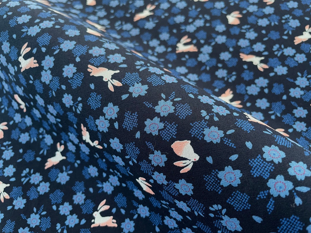 Navy Blue Bunny Japanese Fabric Cotton, Rabbit and Sakura Fabric Fat ...