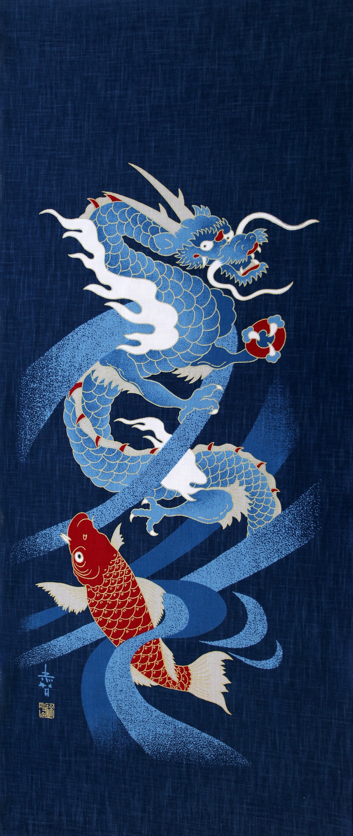 Japanese Dragon Noren Panel, Blue Carp Noren Curtain Panel, Red Carp ...