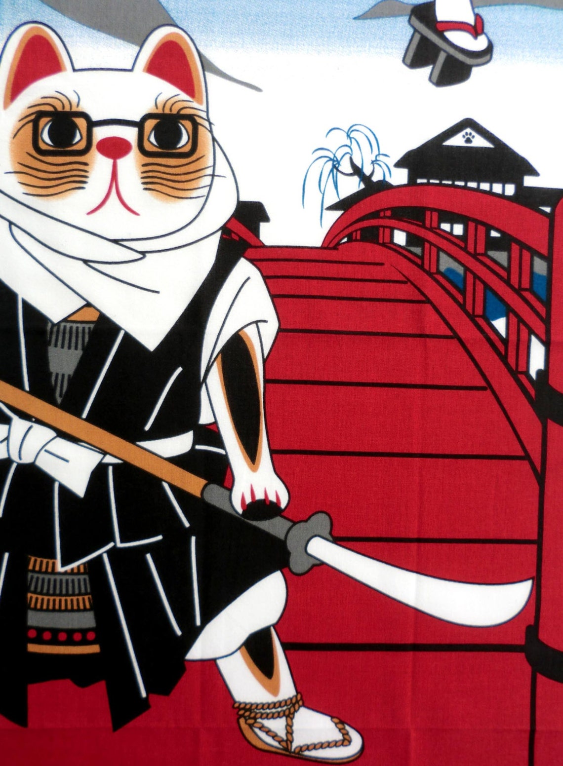 Samurai cats Japan Tenugui Maneki-neko Fortune Cats fabric | Etsy