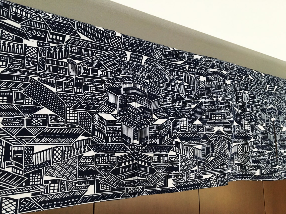 City sky line window valence Indigo blue noren curtain | Etsy
