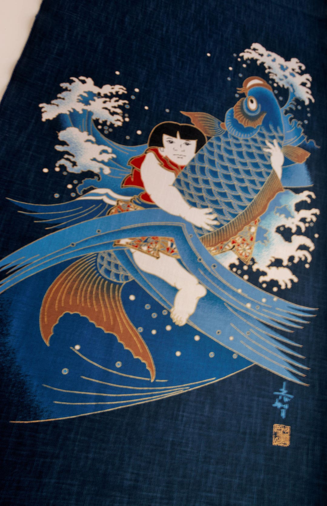 Japanese Noren Panel, Momotaro Carp Fabric, Blue Painel Curtain, Blue ...