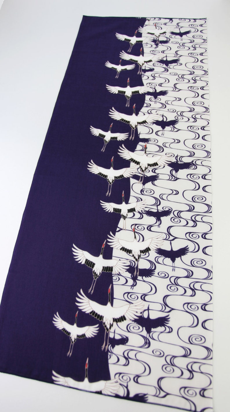 Japanese Crane fabric Japanese tenugui blue tsuru wall | Etsy