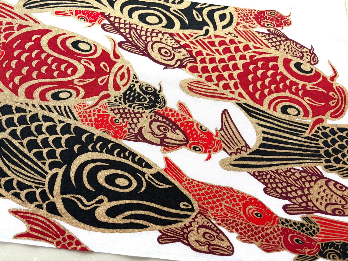 Japanese Blue Carp Tenugui Cotton Fabric, Golden and Red Carps Fabric ...