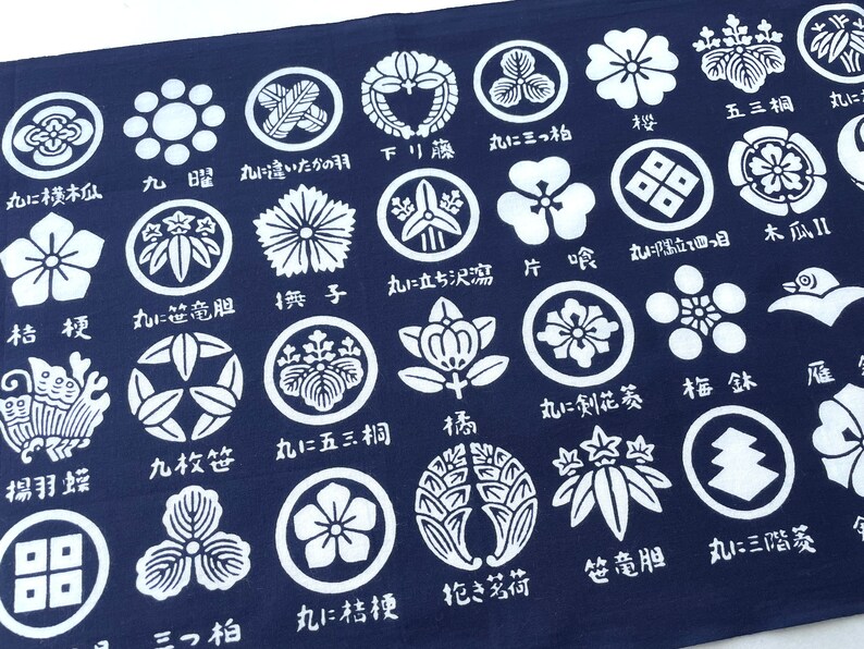 Japanese Crest Tenugui Fabric, Japanese Navy Blue Family Crest Cotton ...