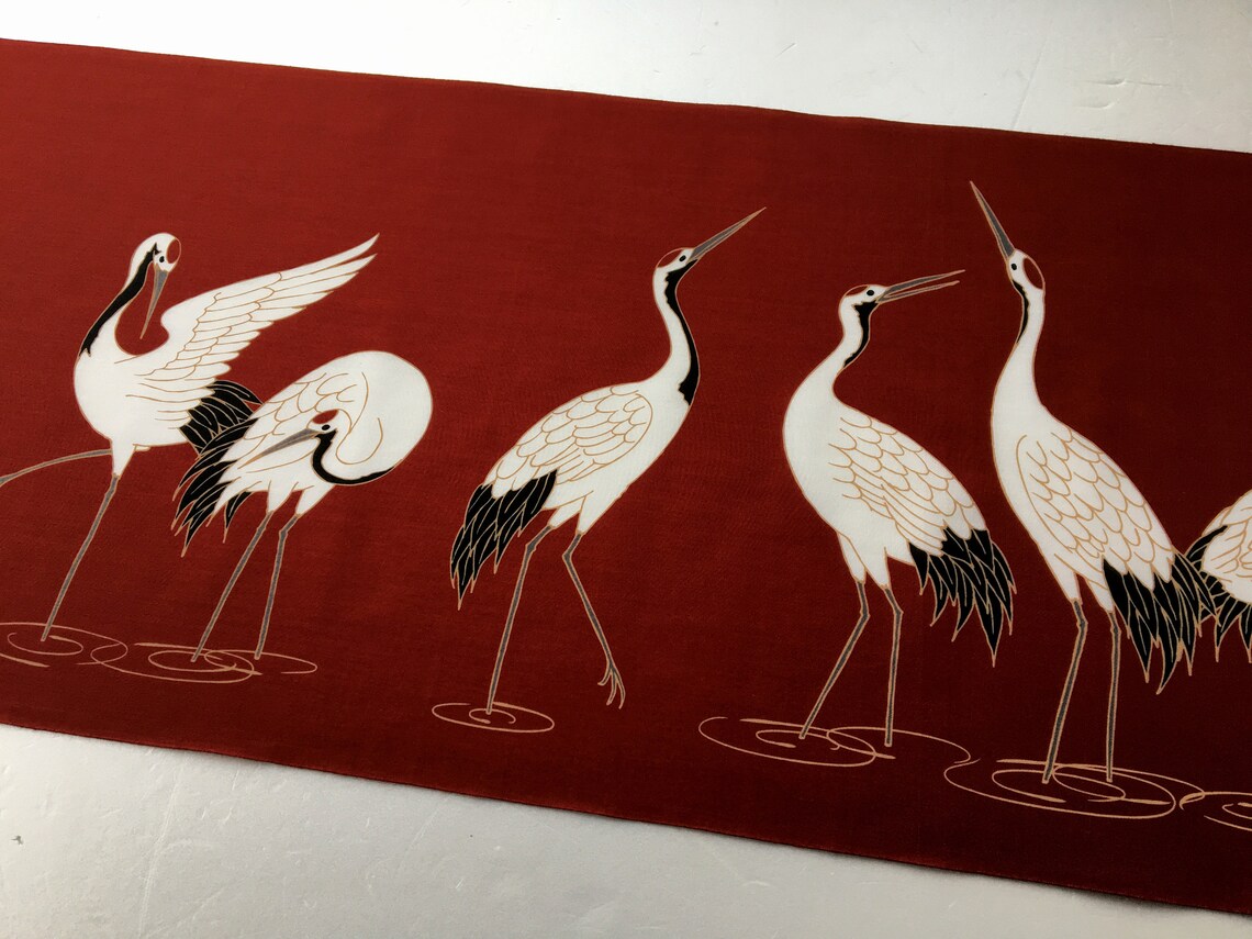 Japanese crane fabric red tsuru japanese tenugui crane print | Etsy