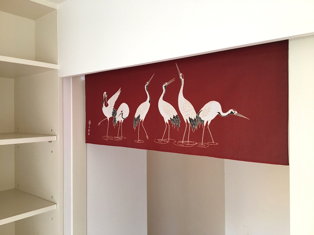 Red Japanese Tenugui Crane Noren Curtain, Tsuru in Winter Tapestry ...
