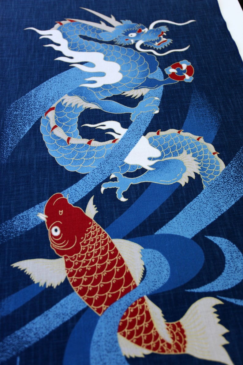 Japanese Dragon Noren Panel, Blue Carp Noren Curtain Panel, Red Carp ...