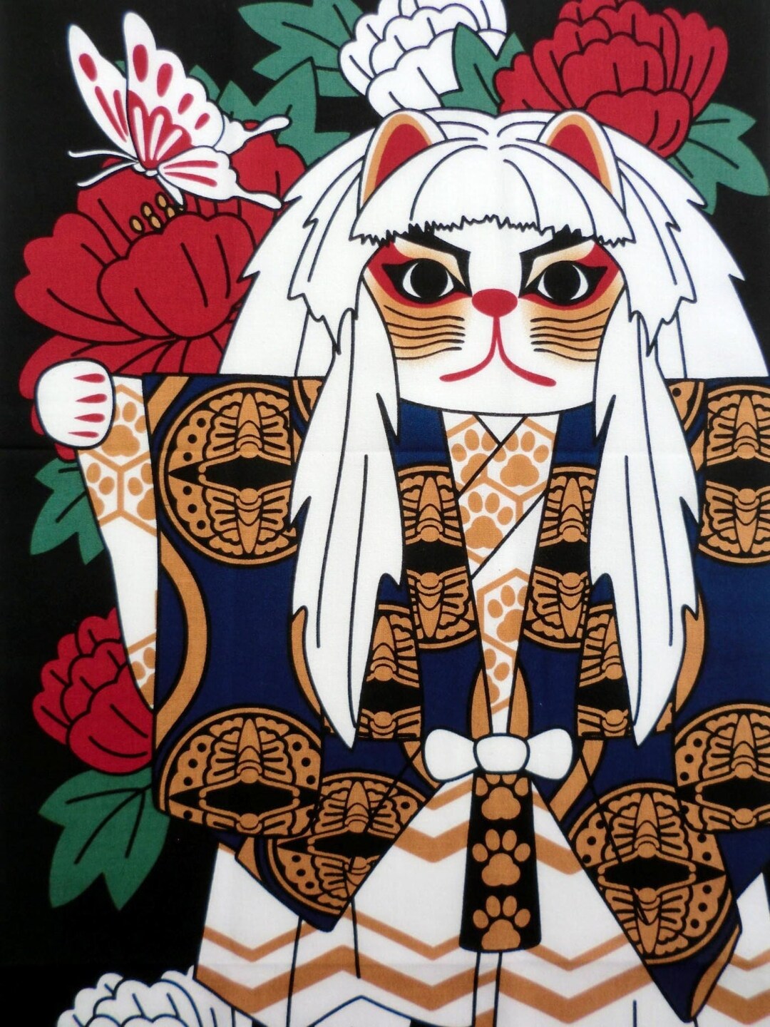 Japanese Tenugui Cotton Fabric Maneki Neko Lucky Cats in the Kabuki ...