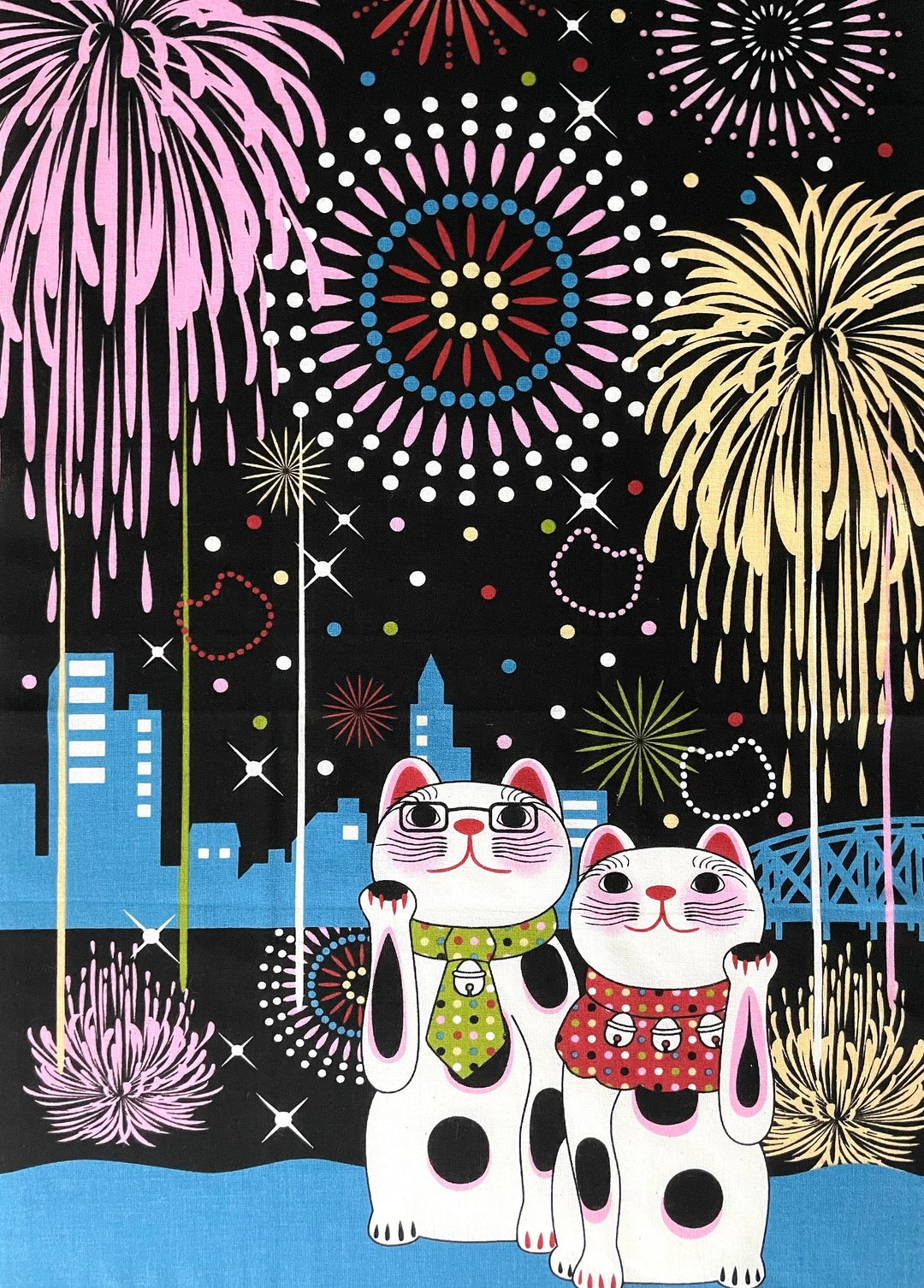 Cute Japanese Cats Tenugui, Cats Watching Fireworks in the Summer ...
