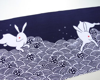 Japanese Bunnys Indigo Blue Fabric Tenugui Cotton Rabbits | Etsy