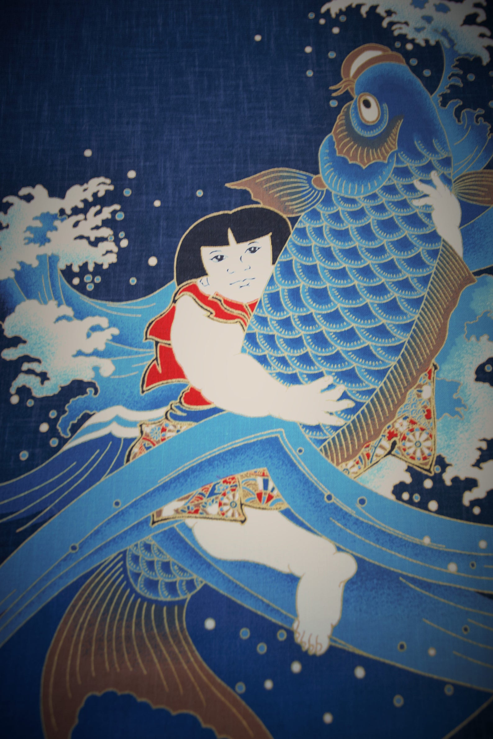 Japanese Noren Panel, Momotaro Carp Fabric, Blue Painel Curtain, Blue ...